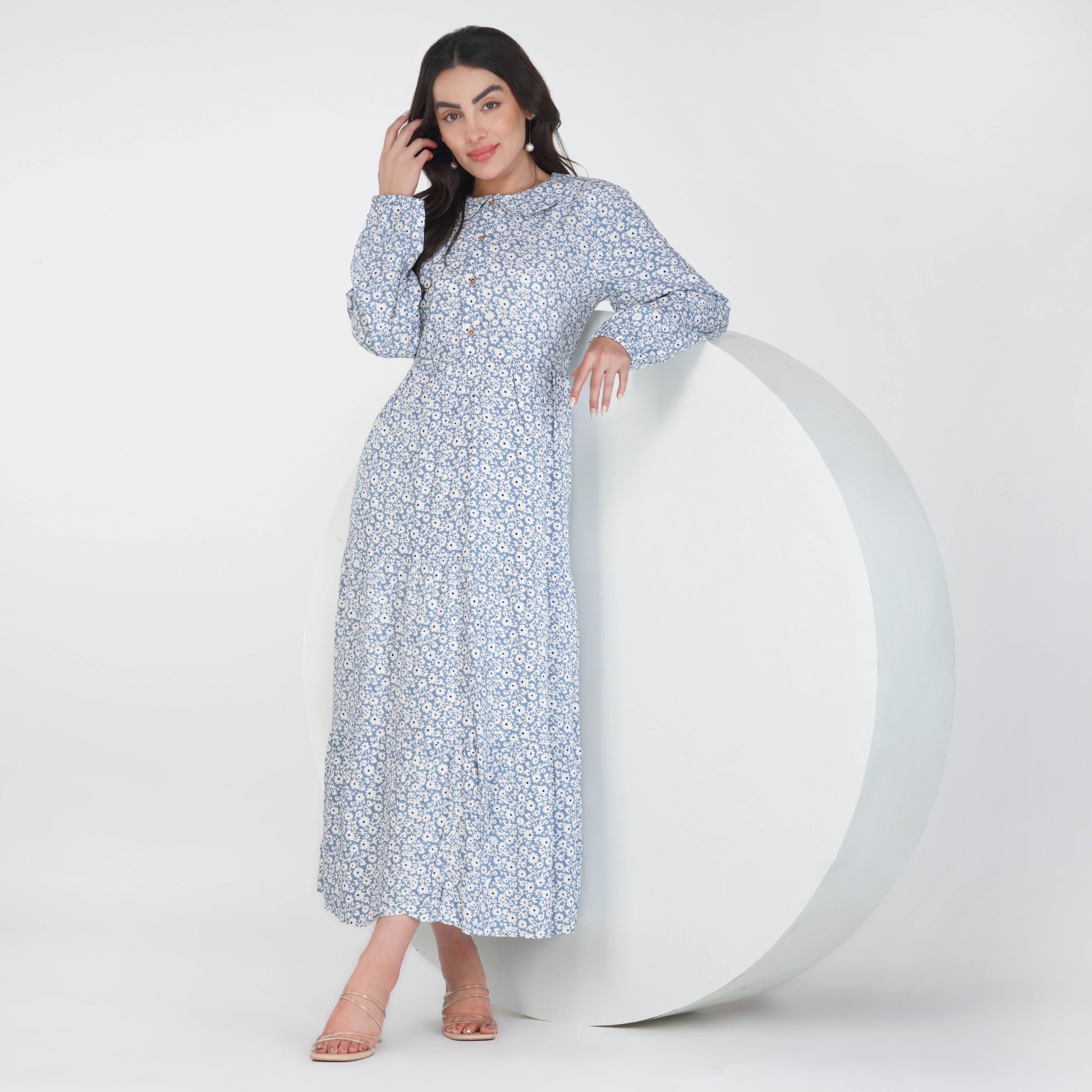 Linelle Rayon Floral Print Maxi Dress - Peter Pan Collar Neck, Availab ...